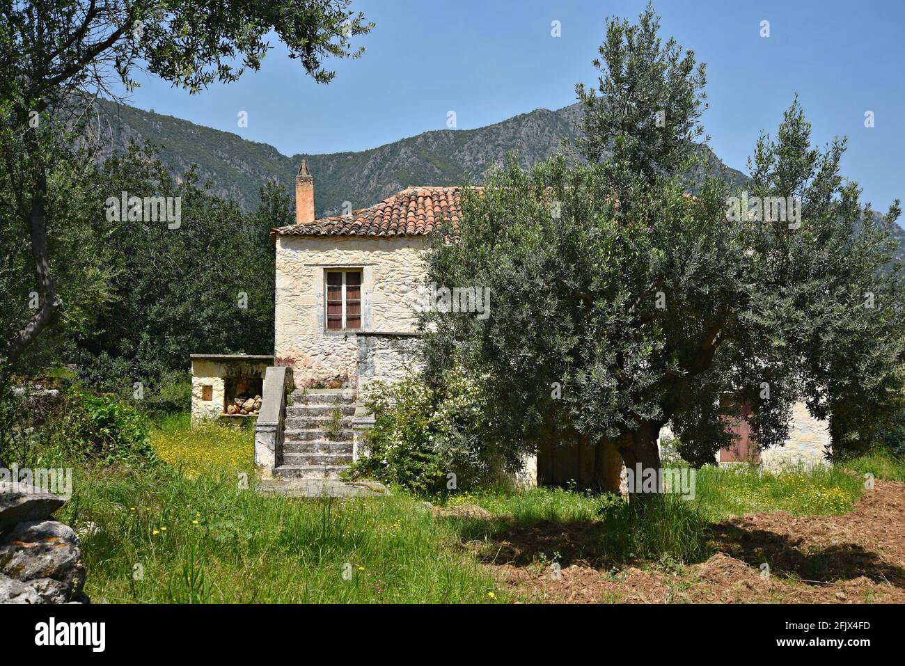Landscape with a stone built rural house in Poulithra, a traditional ...