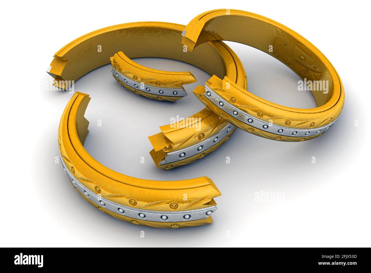 Broken wedding rings. Fragments of gold wedding rings symbolize the ...