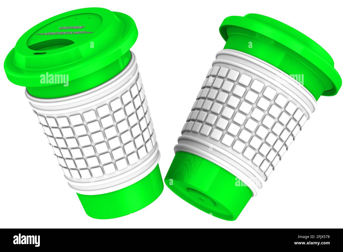 Green cups for hot drinks. Two disposable green take out cardboard cups ...