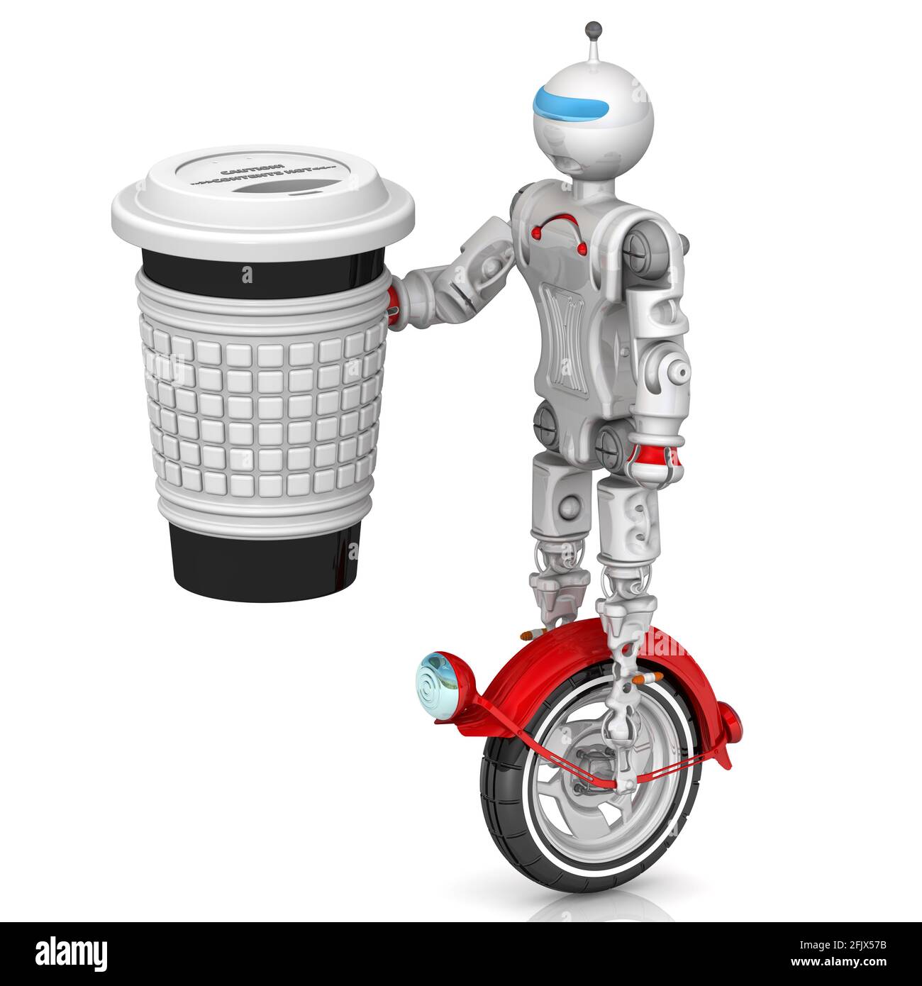 Delivery of hot drinks in a thermo mug using a cyborg. Robot on the ...