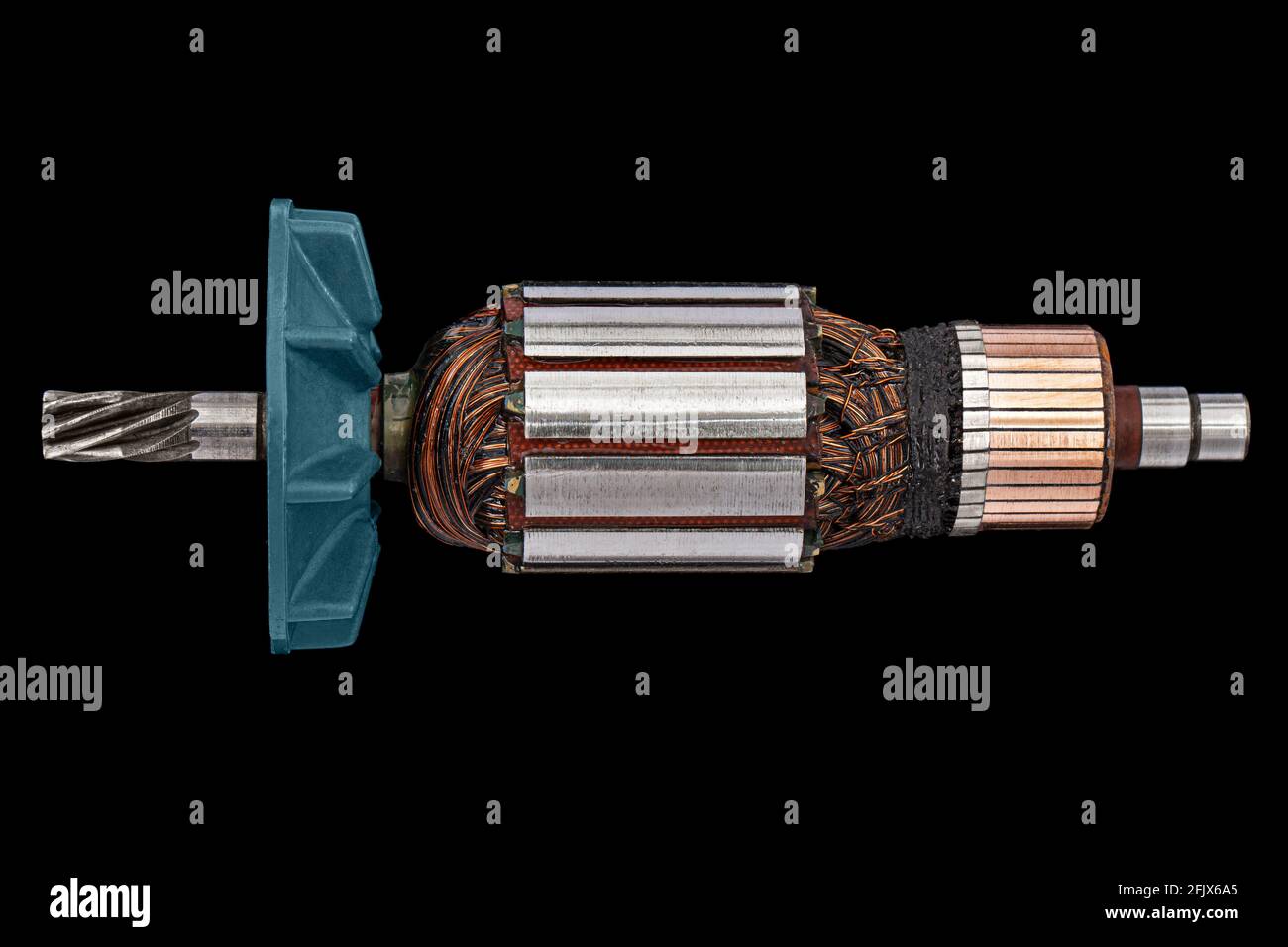 Rotor or of anchor electric motor closeup, isolated on black background ...