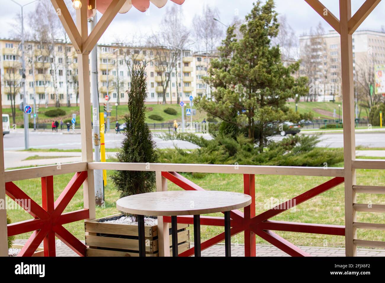 Round table on the terrace in the cafe close up Stock Photo - Alamy