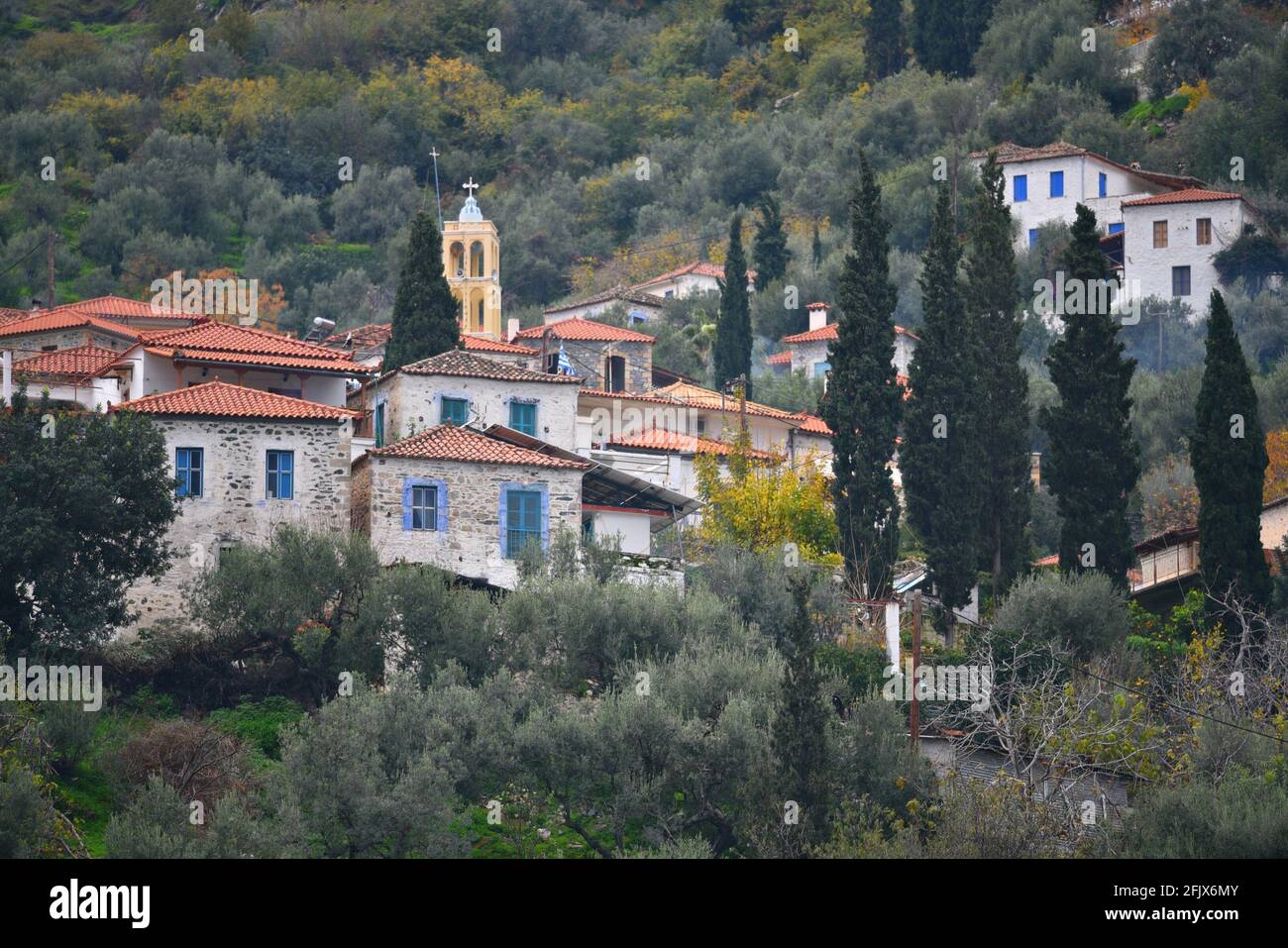 Rural landscape with panoramic view of Tyros, a traditional village of ...