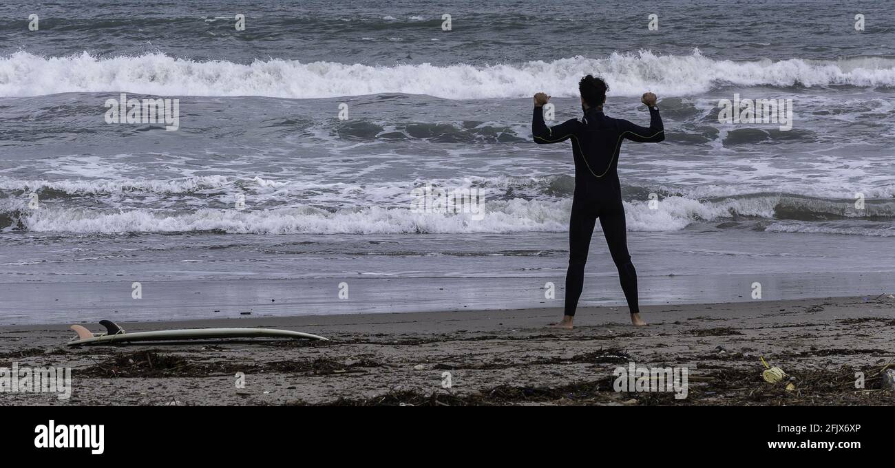Back view of a strong muscular surfer on the beach Stock Photo - Alamy