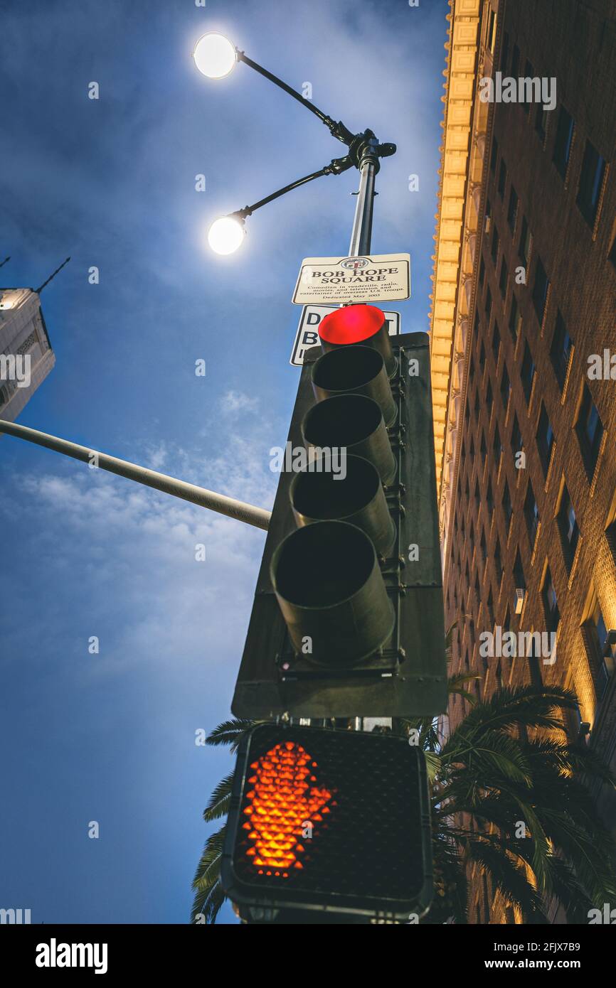 Large traffic lights under a street lamp, Blue Hour, Los Angeles ...