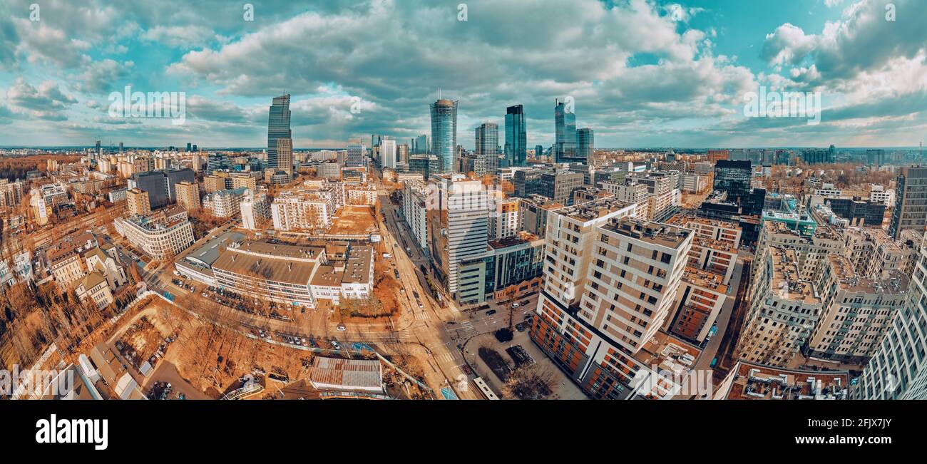 Beautiful panoramic aerial drone skyline view of the Warsaw City Centre ...