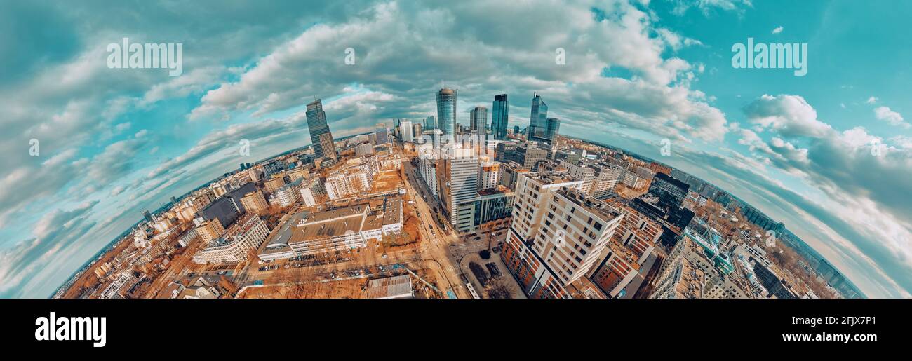 Beautiful panoramic aerial drone skyline view of the Warsaw City Centre ...