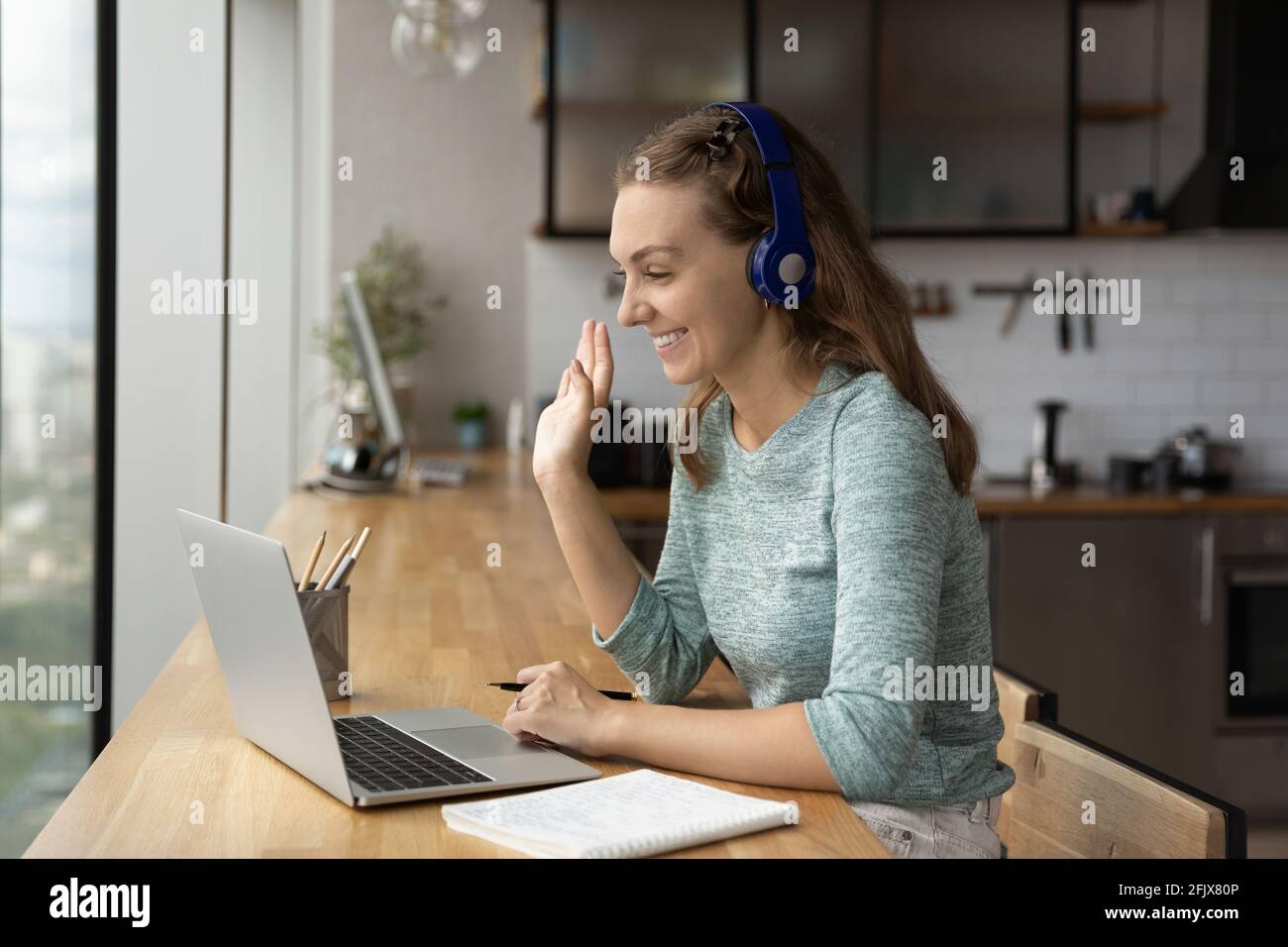 Smiling female talk on webcam digital call on computer Stock Photo - Alamy