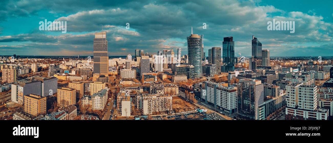Beautiful panoramic aerial drone skyline view of the Warsaw City Centre ...