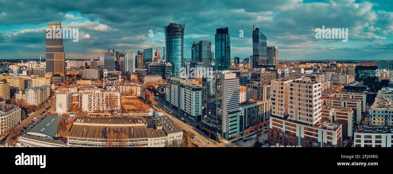 Beautiful panoramic aerial drone skyline view of the Warsaw City Centre ...