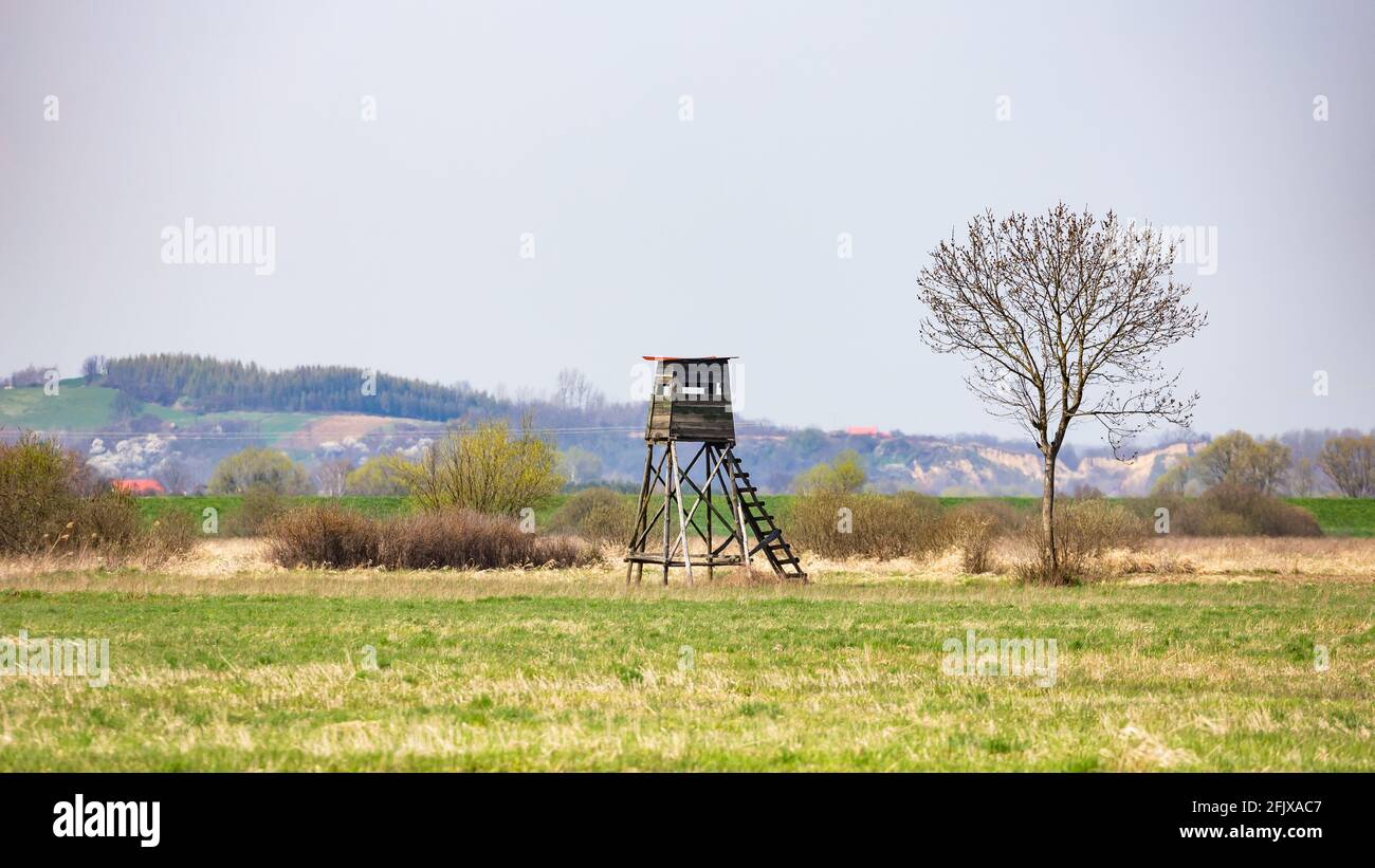 Wooden hunting observation tower in the meadow. Photo taken at noon ...