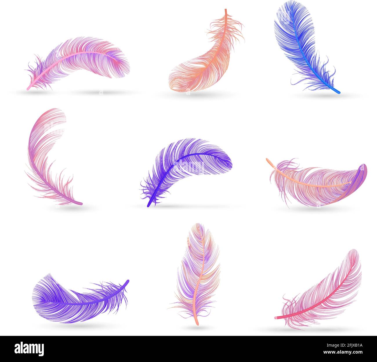 Realistic feather white background composition with soft violet and ...