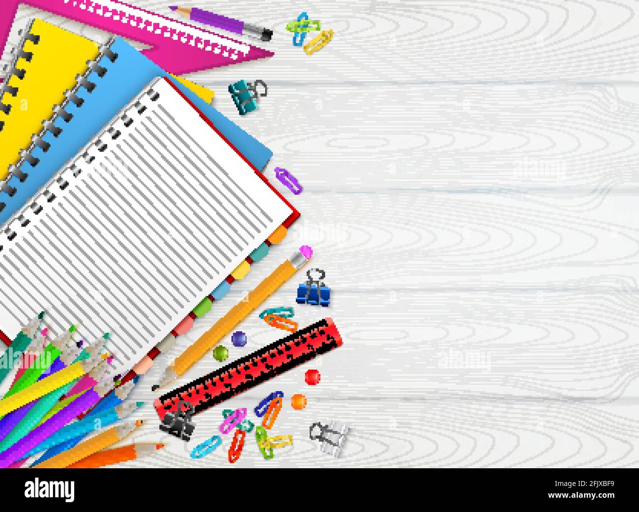 Back to school realistic background with colorful stationary on wooden ...
