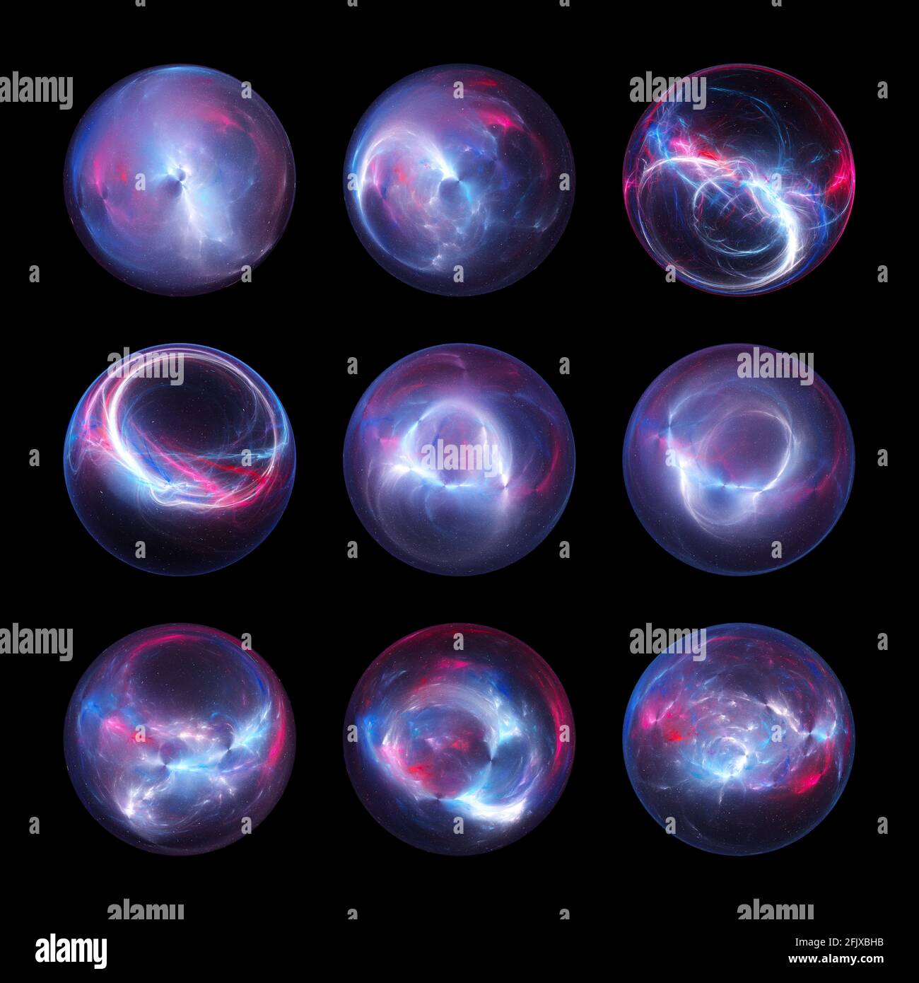 Set of colorful glowing lightning balls, computer generated abstract ...