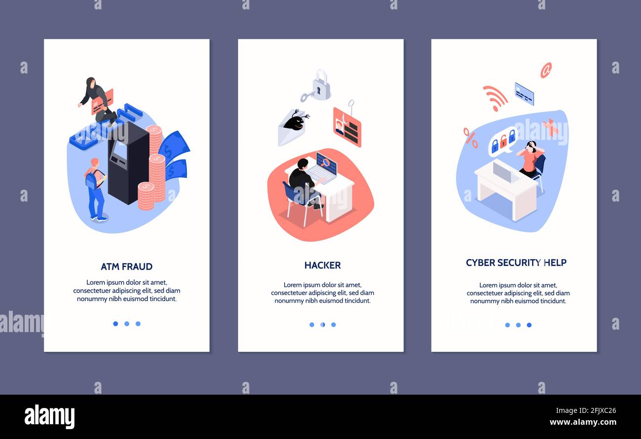 Cyber security isometric vertical banners set with atm fraud and hacker attack icons 3d isolated ...