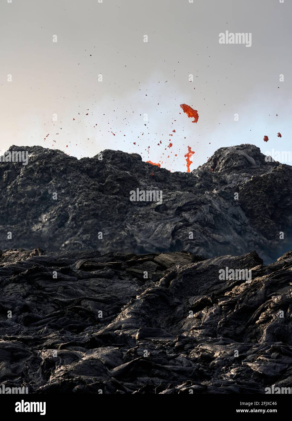 Incandescent hot lava erupting from rough volcano crater Stock Photo ...