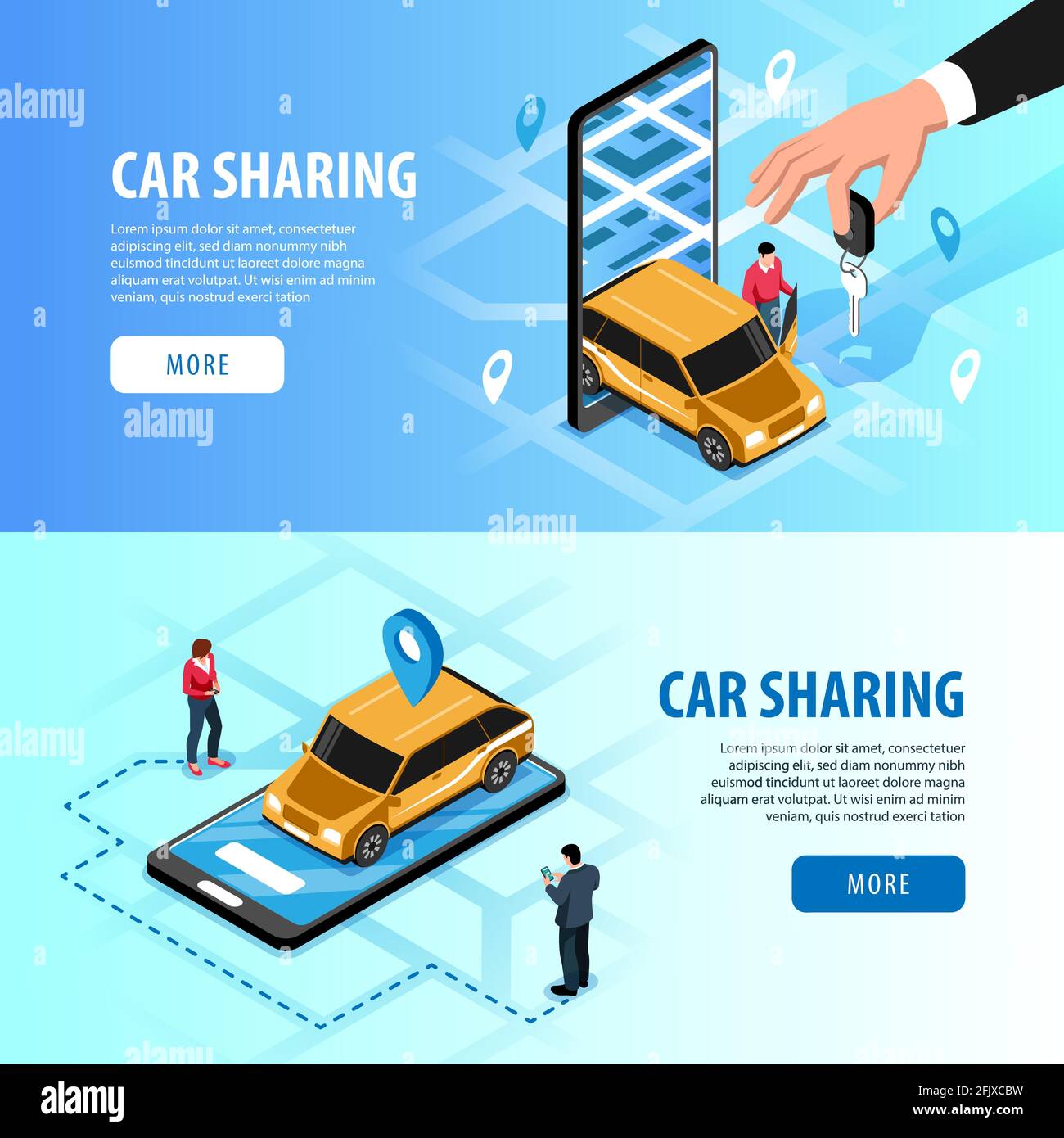 Car sharing automatic access via smartphone 2 horizontal isometric web ...