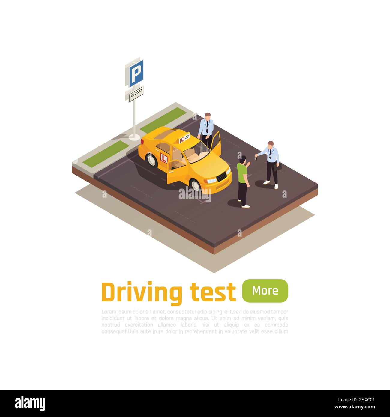 Driving school isometric composition with view of parking spot with ...