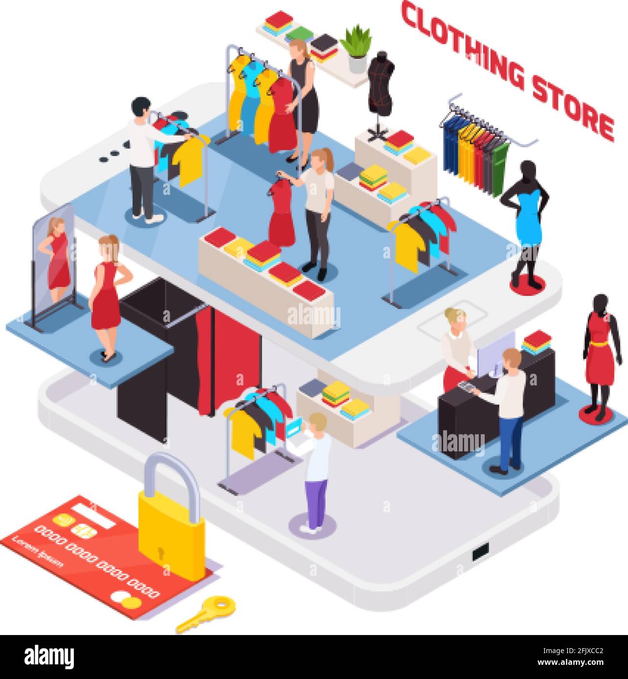 Isometric composition with clothing store interior credit card and ...