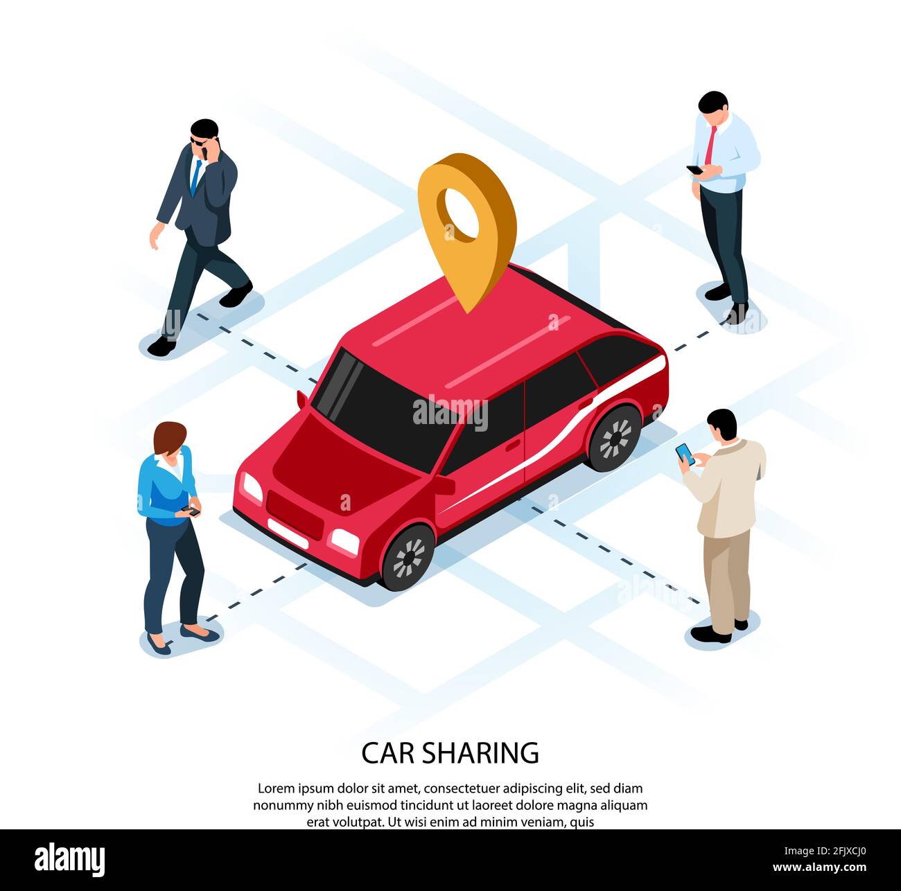 Car sharing people isometric advertising composition mobile app with ...