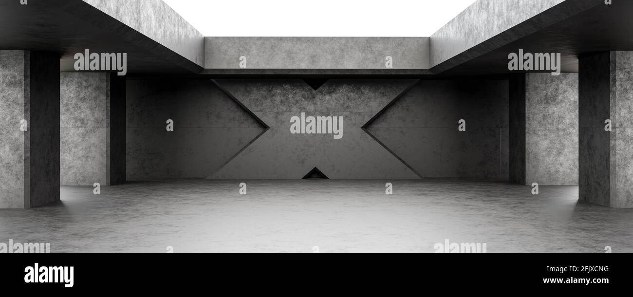 concrete hall building interior with open ceiling 3d render ...