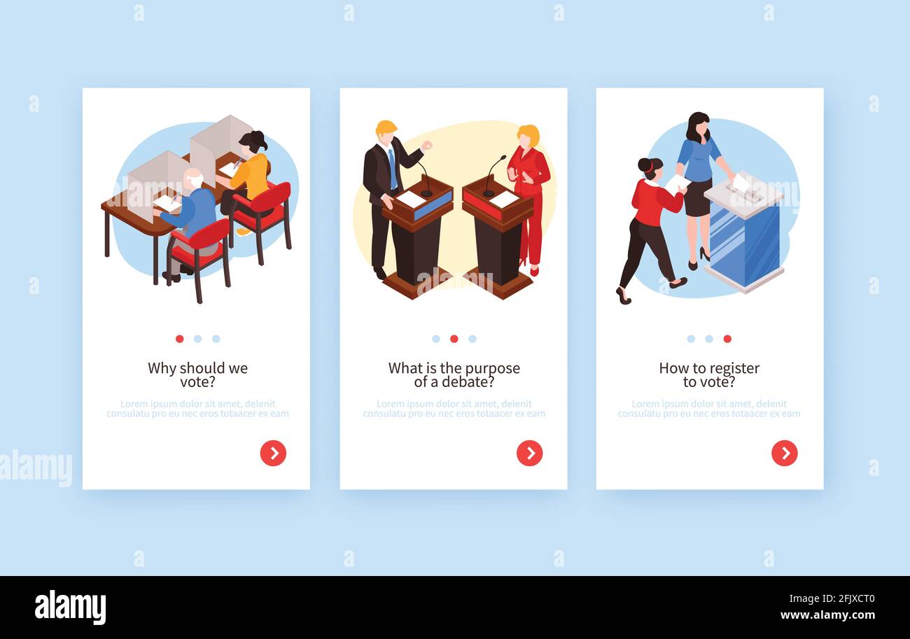 Isometric election vertical banners set with human characters of voters ...