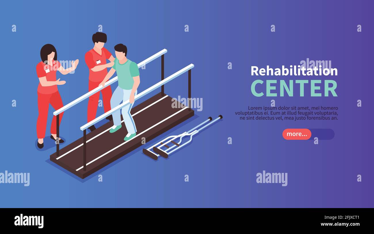 Isometric rehabilitation physiotherapy horizontal banner with editable ...