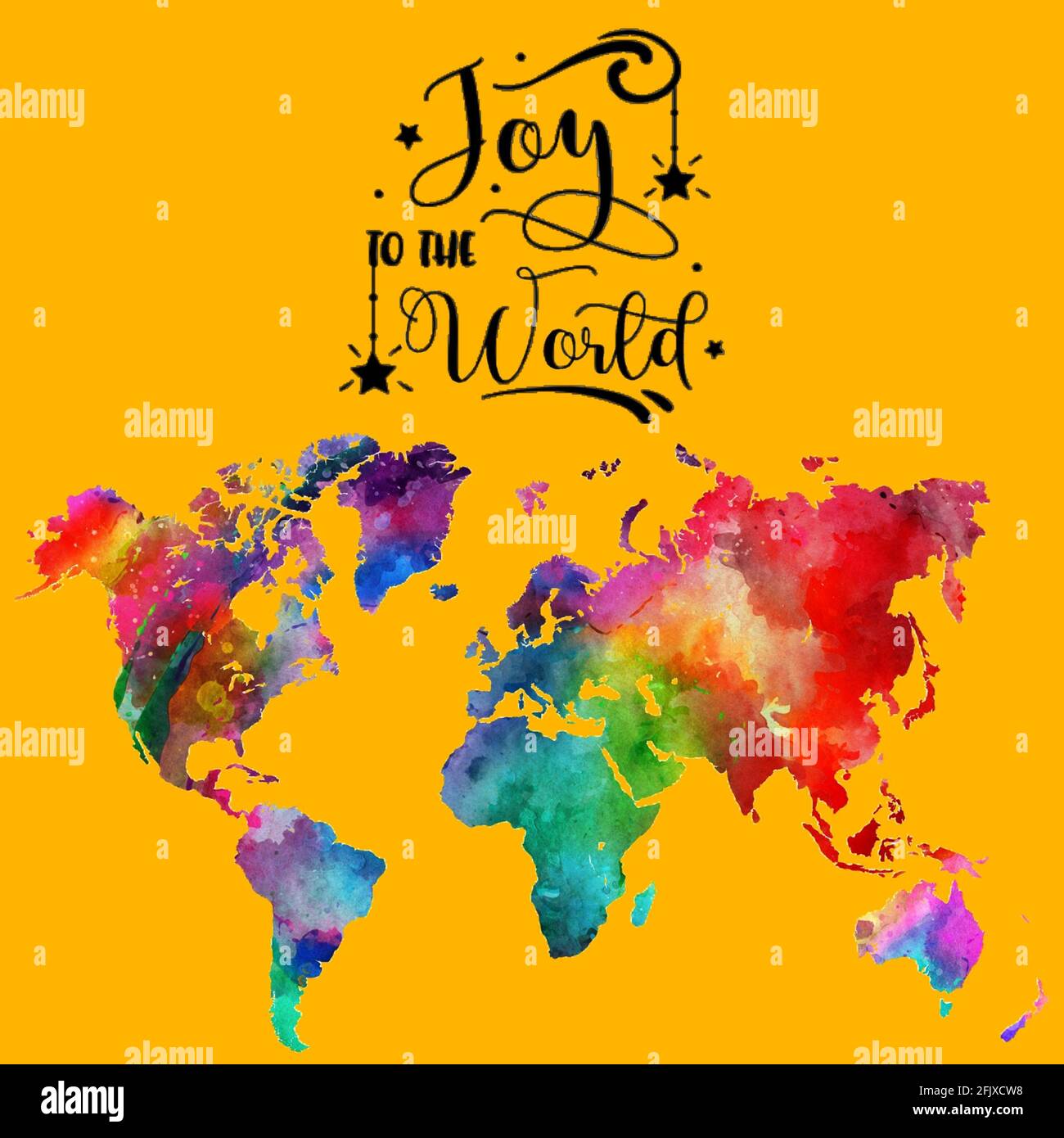 "Joy to the world" lettering card with a colorful map of the world in ...