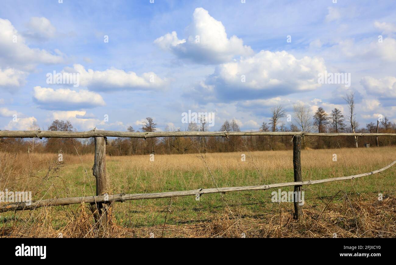 old wooden fence on dry pasture Stock Photo - Alamy