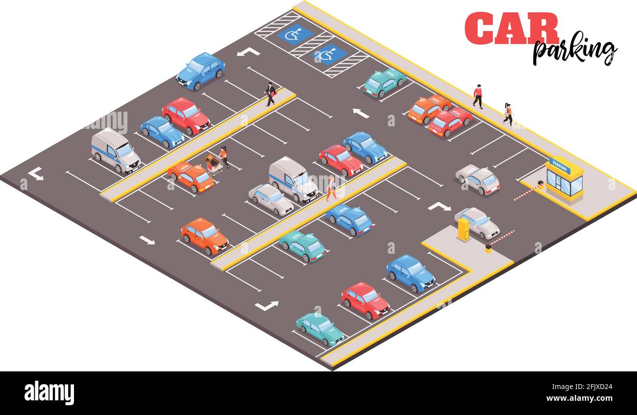 Isometric car parking mall composition with view of square area with ...