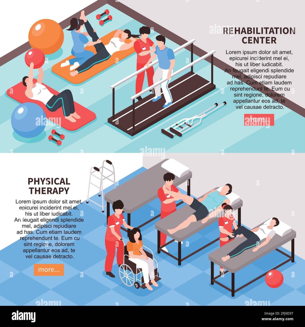 Set of two isometric rehabilitation physiotherapy horizontal banners ...