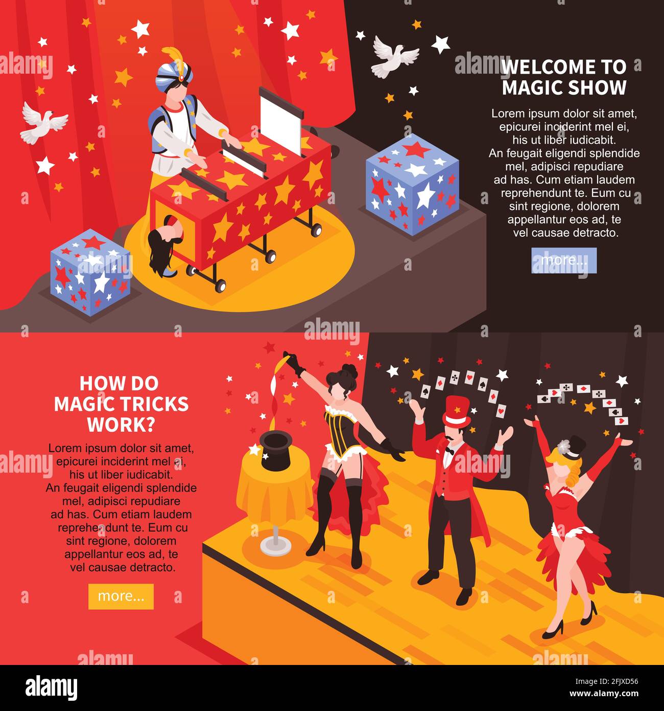Isometric magician showing horizontal banners set with text more button ...