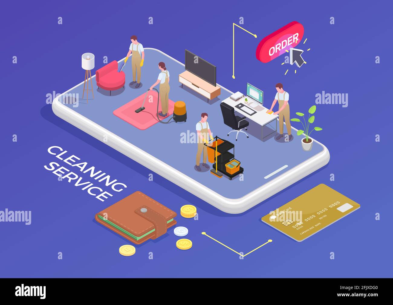 Four people from cleaning service mopping hoovering dusting furniture ...