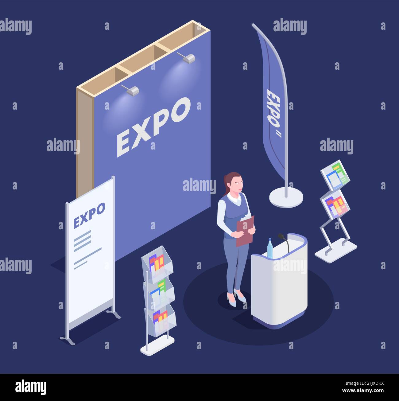 Woman promoting goods near expo stand isometric composition on blue ...
