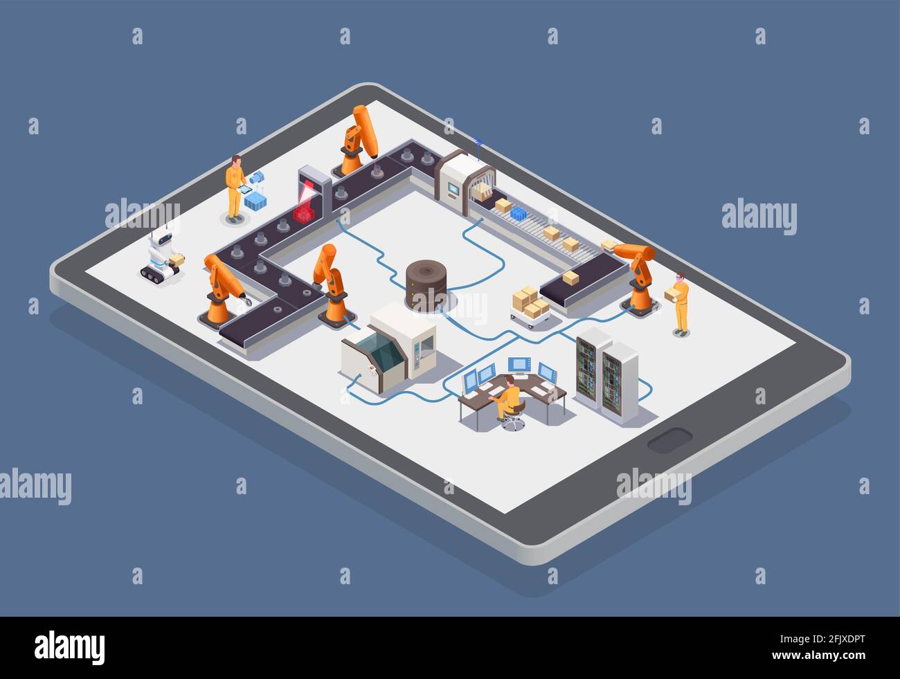 Smart industry isometric composition with automated robots working on ...