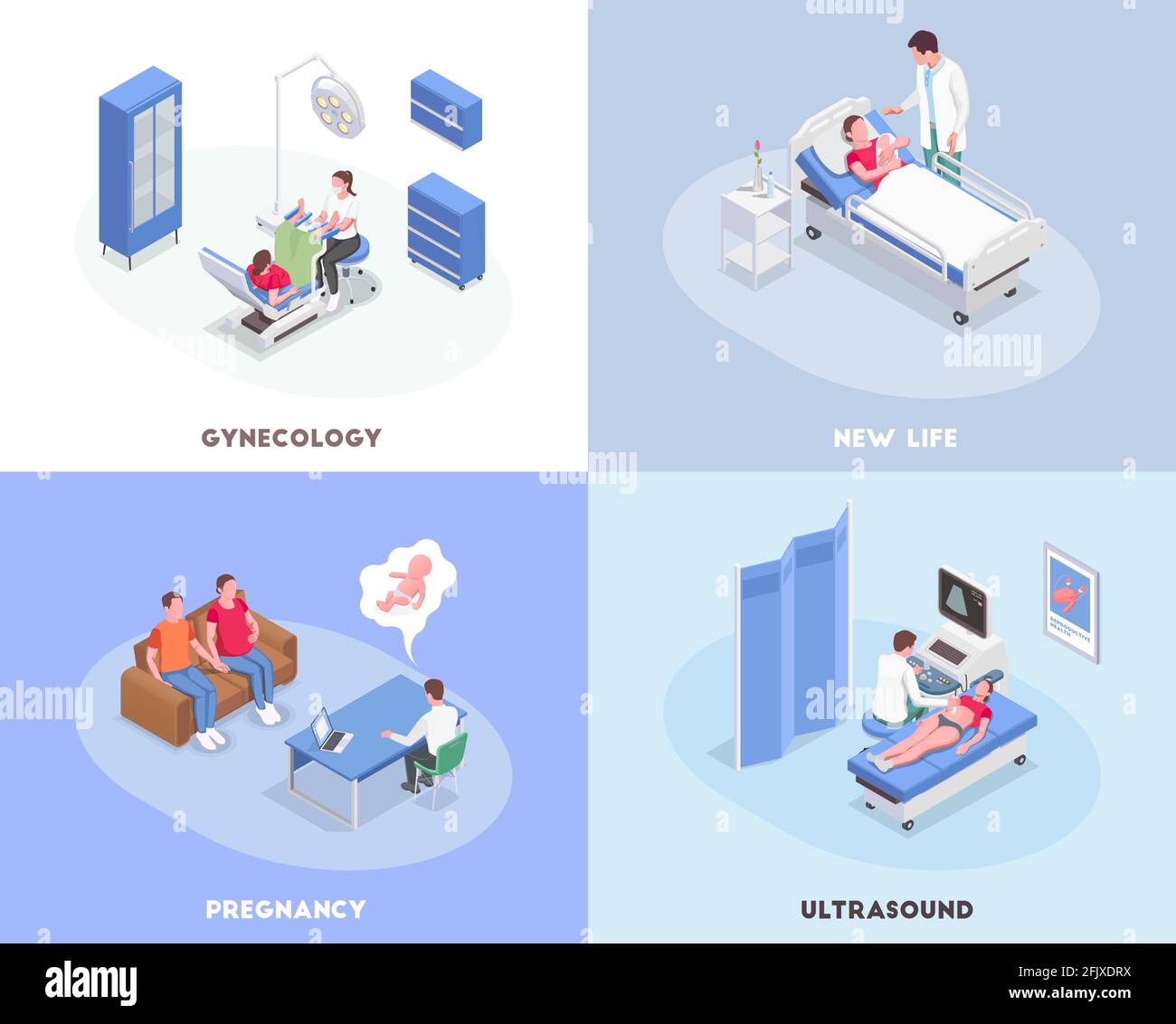 Pregnancy isometric 2x2 design concept with gynecologist consulting and examining pregnant women ...