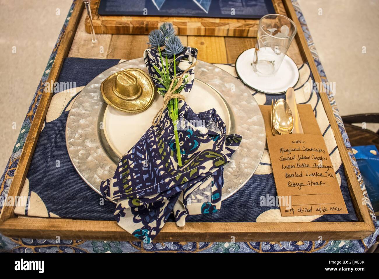 Cowboy - western place setting for one on rustic wooden tray ...