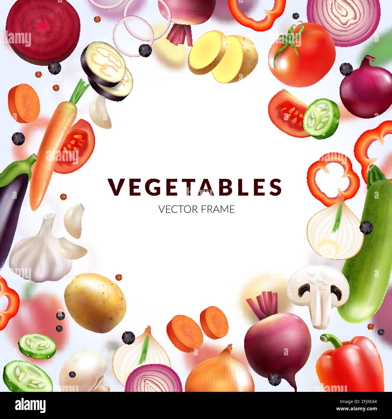 Realistic vegetables frame with empty space for editable text and round ...