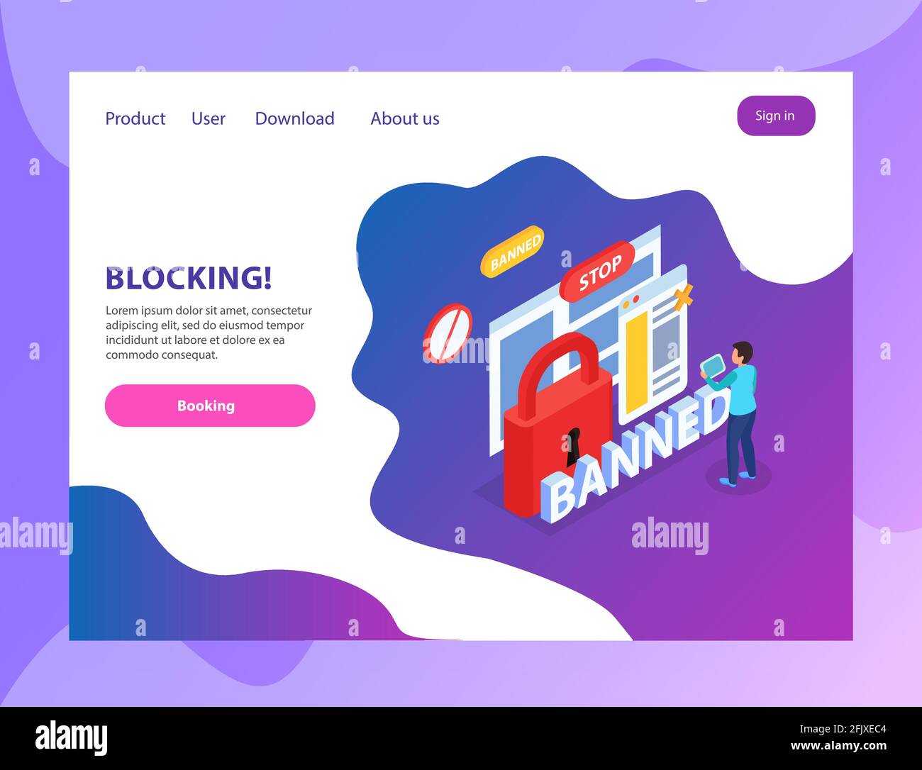 Internet website blocking abusive users isometric landing page with ...