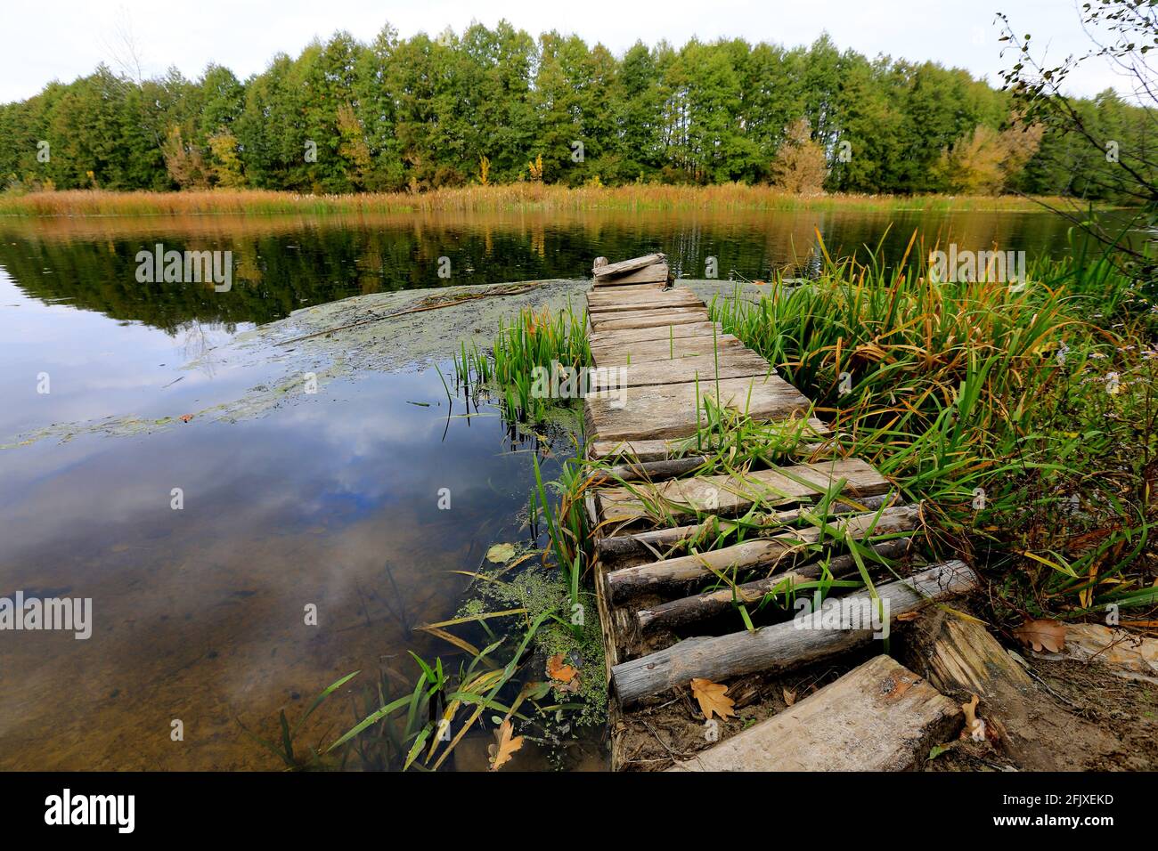 landscape with wooden fishing bridge on river Stock Photo - Alamy