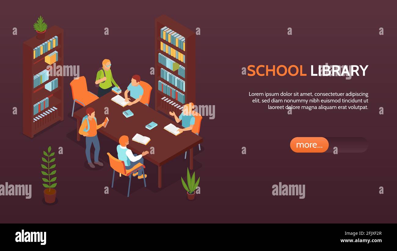 School library with bookshelves horizontal banner with pupils studying ...