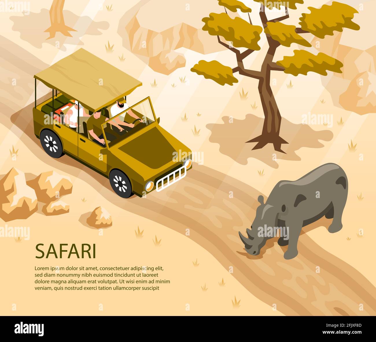 Safari car with tourists and rhino crossing road 3d isometric vector ...