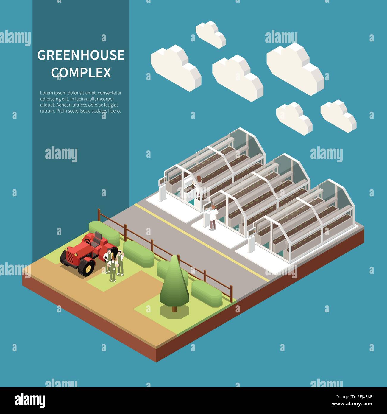 Modern greenhouse complex isometric concept with new technology symbols ...