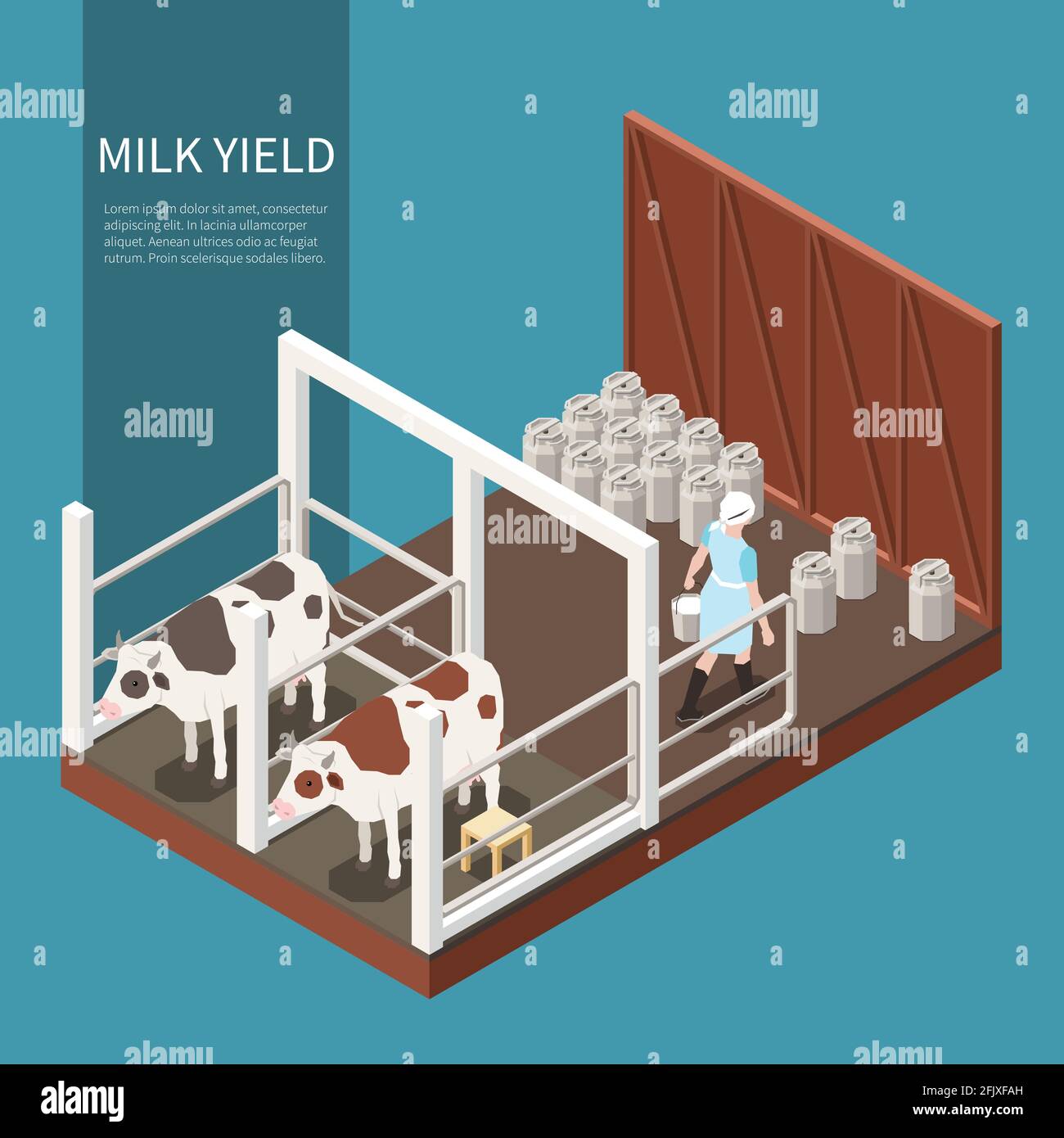 Milk production concept with milk yield symbols isometric vector ...