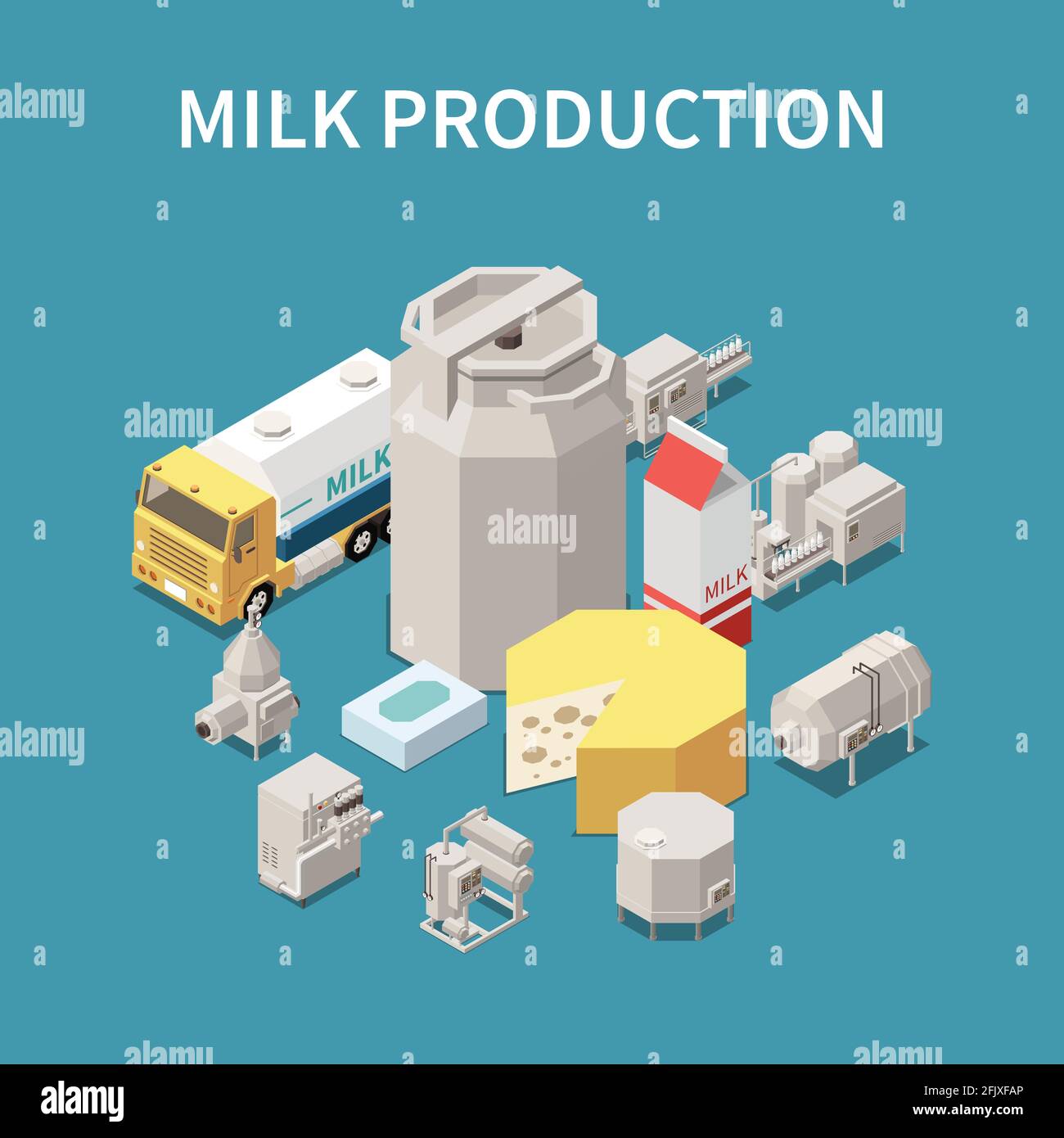 Dairy production concept with milk packaging and transportation symbols ...