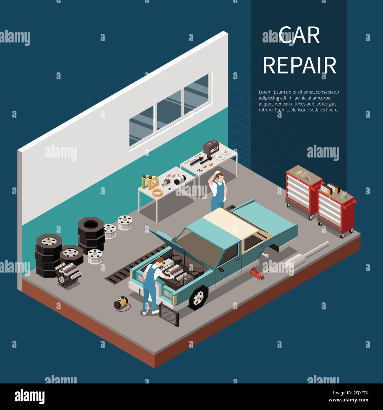 Car repair concept with engine and starter repair symbols isometric ...
