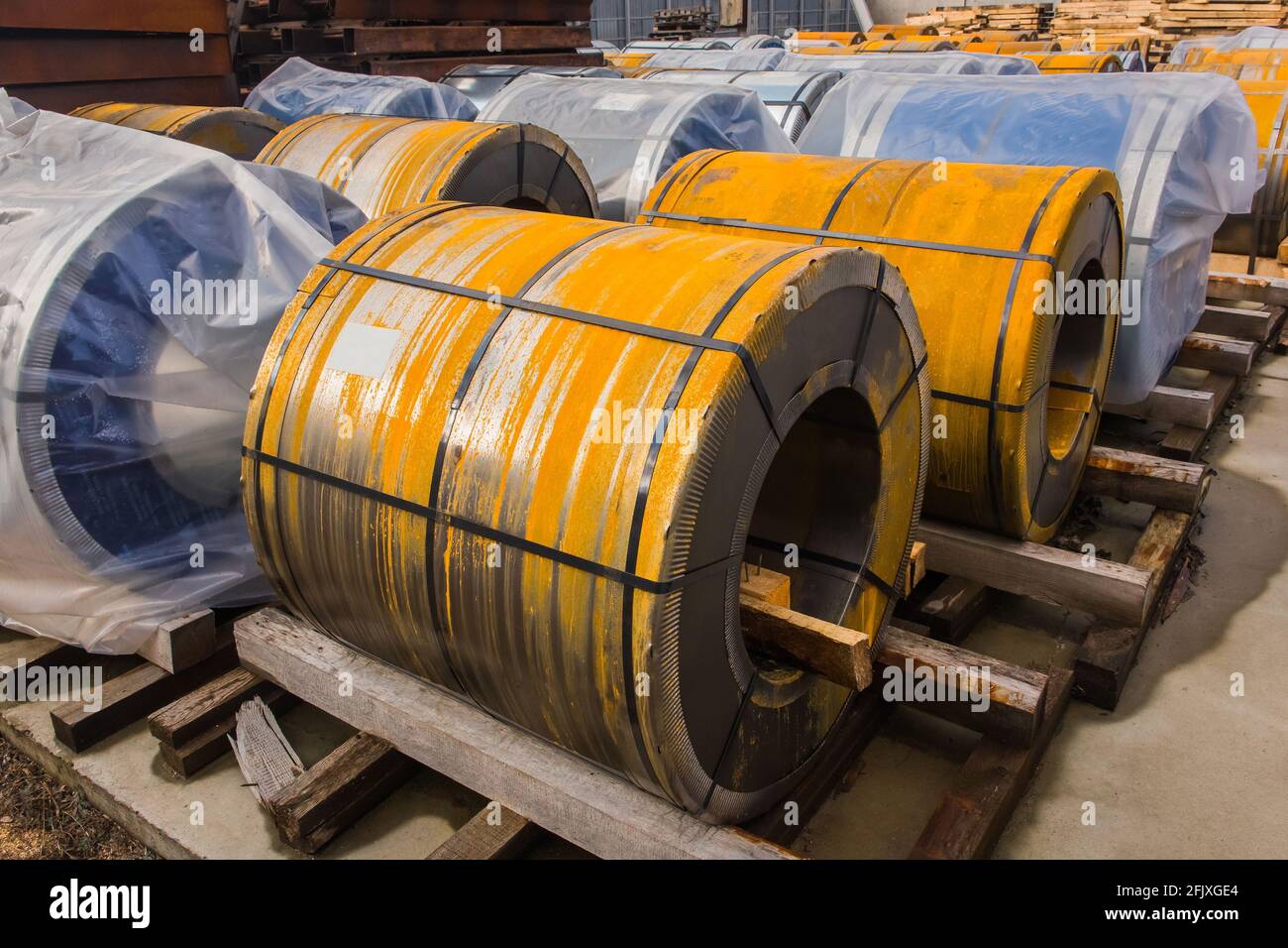 Sheet metal packaging with traces of rust in the industrial zone, metal ...