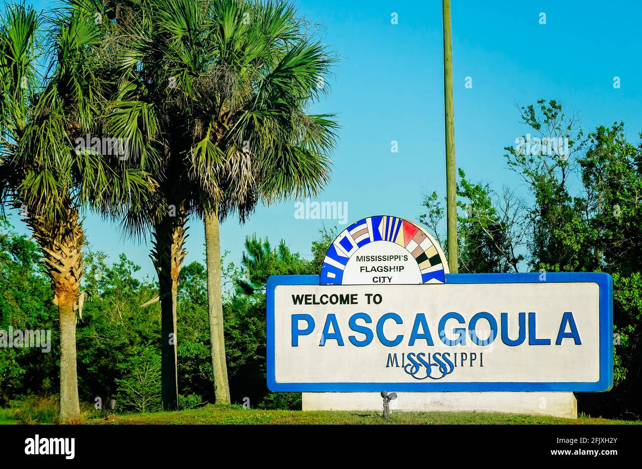 The Welcome to Pascagoula sign stands on Highway 90, April 25, 2021, in ...