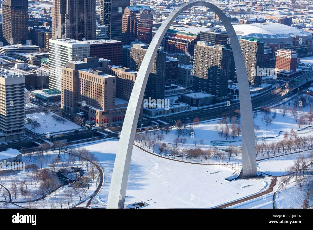 Aerial view of Gateway Arch in Winter with snow on the ground Stock ...