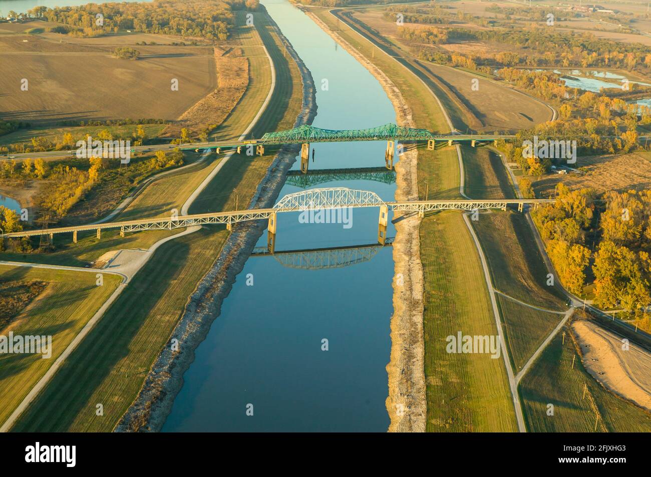Aerial view of old US Route 66 bridge over chain of rocks canal ...
